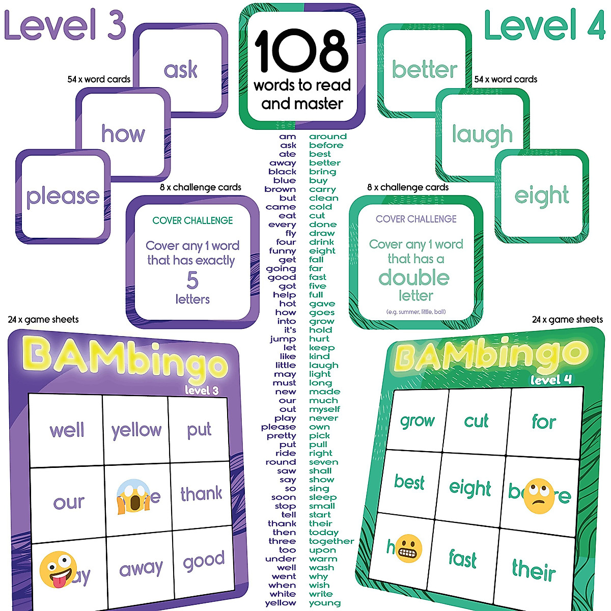 THE BAMBINO TREE Sight Word BAMBingo Levels 1, 2, 3 and 4 - Preschool Kindergarten 1st Grade 2nd Grade Sight Words