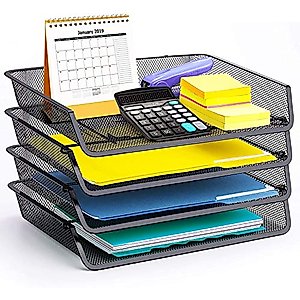 4 Pack - Simple Trending Stackable Office Desk Supplies Organizer, Desktop File Document Letter Tray Holder Organizer, Black