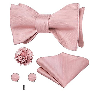 Dubulle Self Tie Bow Ties and Lapel Pin for Men Paisley Solid Mens Bowtie and Handkerchief Cufflinks Set Wedding,Blush Rose Gold