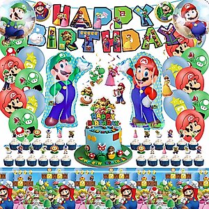 Mario Party Supplies Birthday Party Favors Super Mario Bros Birthday Decorations Include Birthday Banners, Balloons, Tablecloth, Cake Decoration, Cupcake Toppers, Hanging Swirls