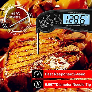 KULUNER TP-01 Waterproof Digital Instant Read Meat Thermometer with 4.6” Folding Probe Backlight & Calibration Function for Cooking Food Candy, BBQ Grill, Liquids,Beef(Black)