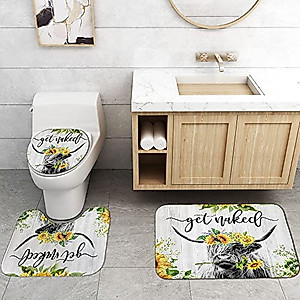 JAYDEN MADGE MAKE YOUR HOME SWEETER Jayden Madge 4PCS Highland Cow Shower Curtain Set with Rugs, Get Naked Watercolor Yellow Floral Botanical Country Western Farm Ani JM-IT010 0