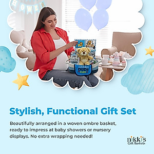 Welcome Home Precious Baby Gift Set | Newborn Baby Boy Gift Set with Baby Essentials | Baby Gift for Expecting Moms and Gender Reveals | Baby Layette Set | Blue Baby Gift Basket | Nikki's Gift Baskets