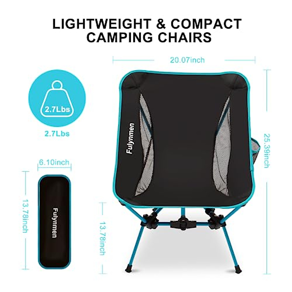 Fulynmen Lightweight Folding Camping Chair Comfortable Compact Chair for Adult Supports 330 Lbs Stable Portable Lawn Chair with 2 Side Pockets for Outdoors Camp Beach Backpacking Travel Blue