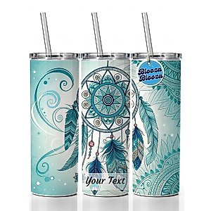 Personalized Custom Name Text Abstract Teal Blue Dream Catcher Southwestern Design Skinny Tumbler 20oz with Straw Insulated Water Bottle Gift - 1 Line Horizontal