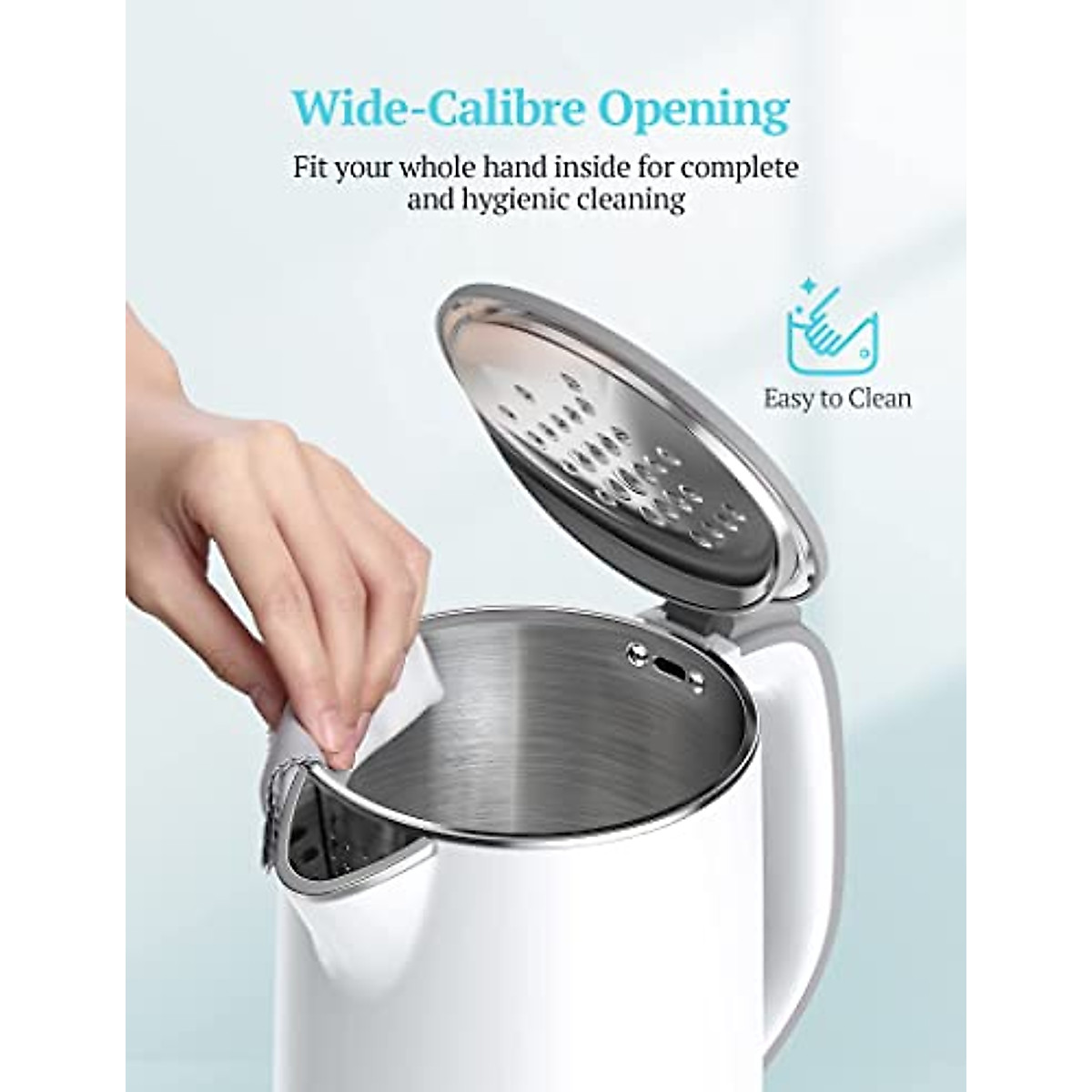 Electric Kettle, Double Wall 100% Stainless Steel Cool Touch Tea Kettle with 1500W Fast Boiling Heater, Auto Shut-Off & Boil Dry Protection, BPA-Free, White