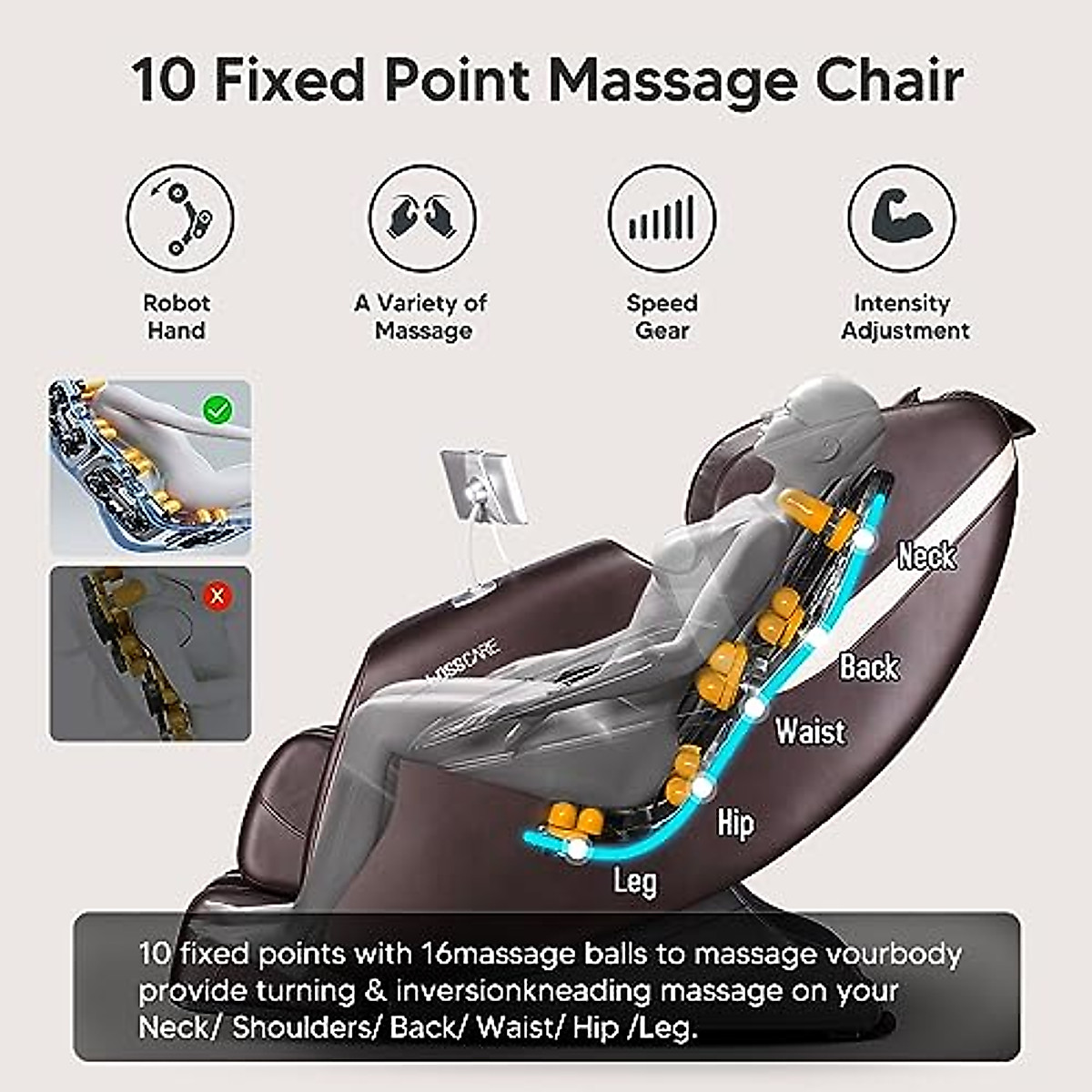 BOSSCARE Zero Gravity Massage Chair, Voice Control Full Body Airbag Massage Recliner with Back Heating, Electric Extendable Footrest, Foot Roller, Bluetooth Speaker, Touch Screen for Family & Friends