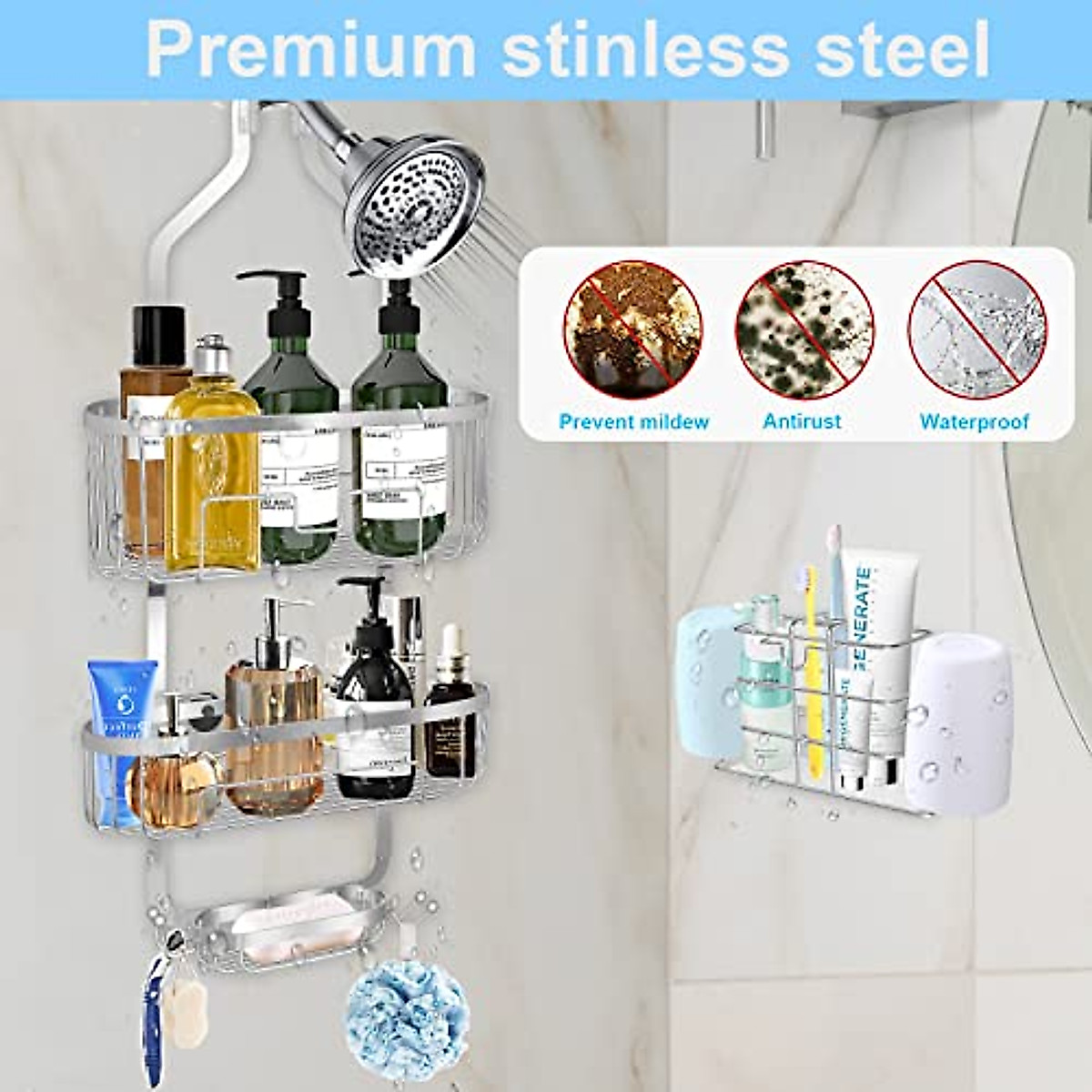 homyfort Shower Caddy Rack Over Shower Head Suction Cup and Toothbrush,cup Holder for Razor and Sponge-Shampoo Soap Organizer,Rustproof Stainless Steel, Silver(2 PACK)