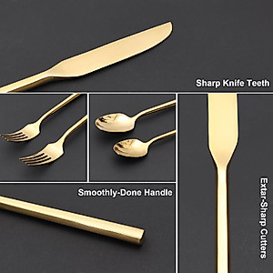 Kikbioee Gold 20 Piece Forged Stainless Steel Silverware Set, Hexagon Handle Flatware, Modern Mirror Finish Cutlery Set, Service for 4, Dishwasher Safe