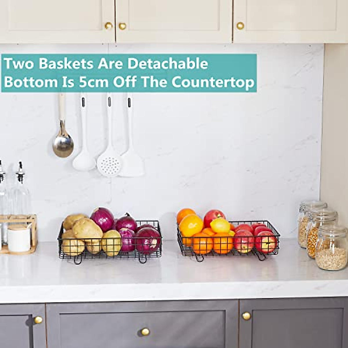 Fruit Basket for Kitchen, Fruit and Vegetable Storage Bowl Stand with Quality Metal Frame, Detachable, Large Capacity, 2 Tier Wire Produce Basket Fruit Holder for Kitchen Countertop Dining Table