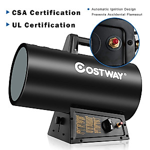 COSTWAY 60,000 BTU Forced Air Propane Heater, Space Heater with Overheat & Cut-off Protection, Portable Gas Heater Propane Heater for Garage, Warehouse, Workshop, Farm, Black