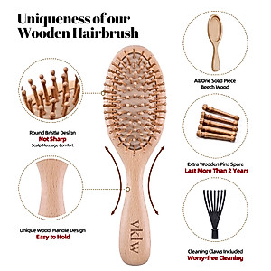 vklw Wooden Hair Brush and Comb, One-piece Design, Reduce Frizz and Static, Massage Scalp, Detangling Paddle Hairbrush for Women, Girls, Kids, Includes Cleaning Claw, 5 Wood Bristles