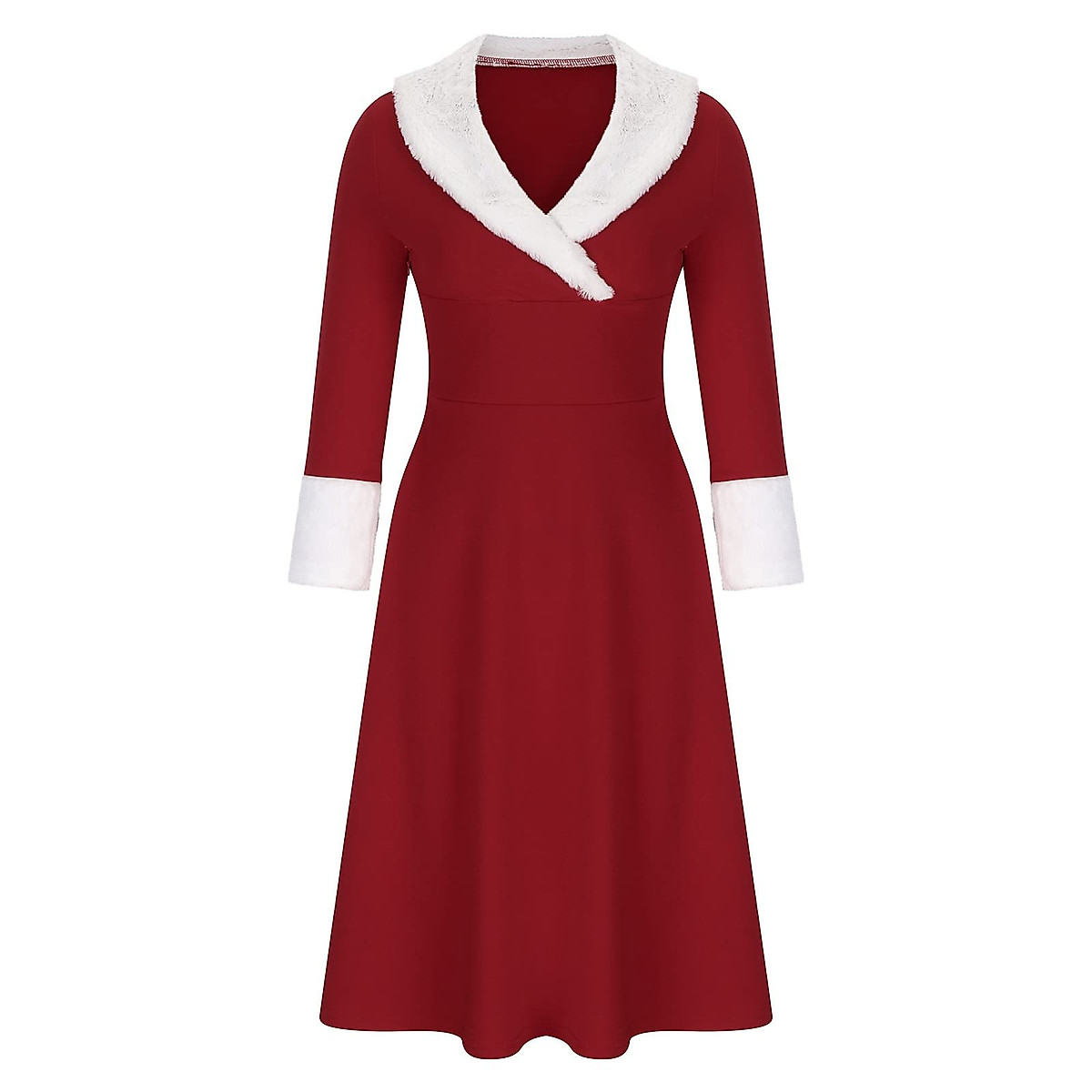 Womens Christmas Midi Dresses Long Sleeve Fur Trim Dresses Mrs Santa Costume Fancy Cosplay Outfits Party Dress Red