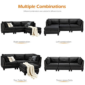 Esright 88.6” Convertible Sectional Sofa Couch with Ottoman, Modern Tufted Linen Fabric L-Shaped Couch with Reversible Chaise, Suitable for Office,Living Room and Hotel Lobby, Black