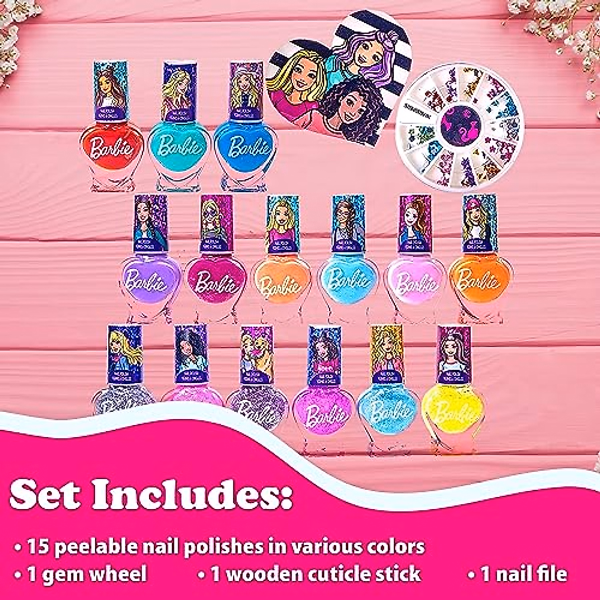 Barbie Movie 18 Piece Kids Water-Based Nail Polish Activity Makeup Set, Includes Nail Polish with Nail Gems Wheel and Nail File for Parties, Sleepovers and Makeovers, Townley Girl