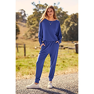PRETTYGARDEN Women's 2024 Fall Fashion Outfits 2 Piece Sweatsuit Solid Color Long Sleeve Pullover Long Pants (Blue,Medium)