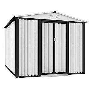 Betterland Outdoor Storage Shed 6×8 FT Garden Metal Tool House, Walk-in Steel Double Sloping Roof Shed with Sliding Door for Garden, Lawn, Backyard (White)