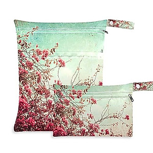 SDMKA 2Pcs Wet Dry Bag for Baby Cloth Diapers Vintage Floral Reusable Waterproof Wet Bag with Two Zippered Pockets for Travel Beach Pool
