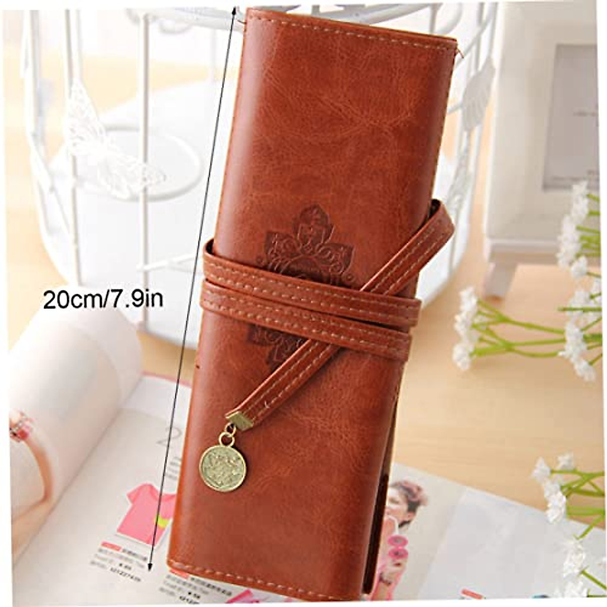 Pencil Bag Pen Pouch Leather Vintage 21x8cm Brown Roll Up Case Retro Stationery Storage School Supply Pen Case Leather Pencil Bag,Pencil Leather Roll Pouch,Pencil Pouch Bag,Pencil Roll