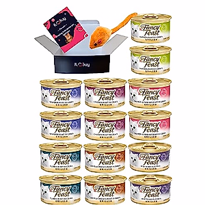 Fancy Feast Grilled Wet Canned Food Bundle, Variety Pack: 07 Flavors(02each) Pack of 14 cans.Plus Mouse Toy and Booklet