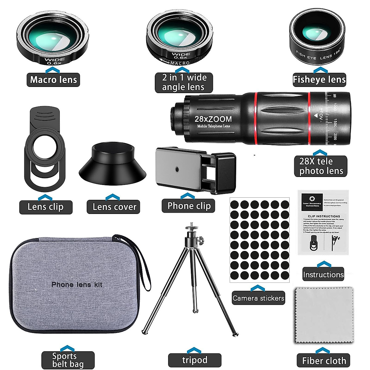 VASDEV Phone Camera Lens Kit Upgraded Version Telephoto 28X + Wide Angle 0.6X Macro 20X Fisheye 198° for iPhone Samsung Android and Most Smartphones, VASDEV-1