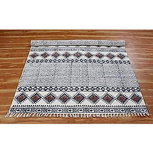 Casavani Indian Handmade Cotton Dhurrie Geometric Brown & Gray Area Rug Boho Kilim Flat Weave Rug Indoor Hall Room Decor Carpet Throw Rugs for Bedroom Living Room Bathroom Balcony 5x8 Feet