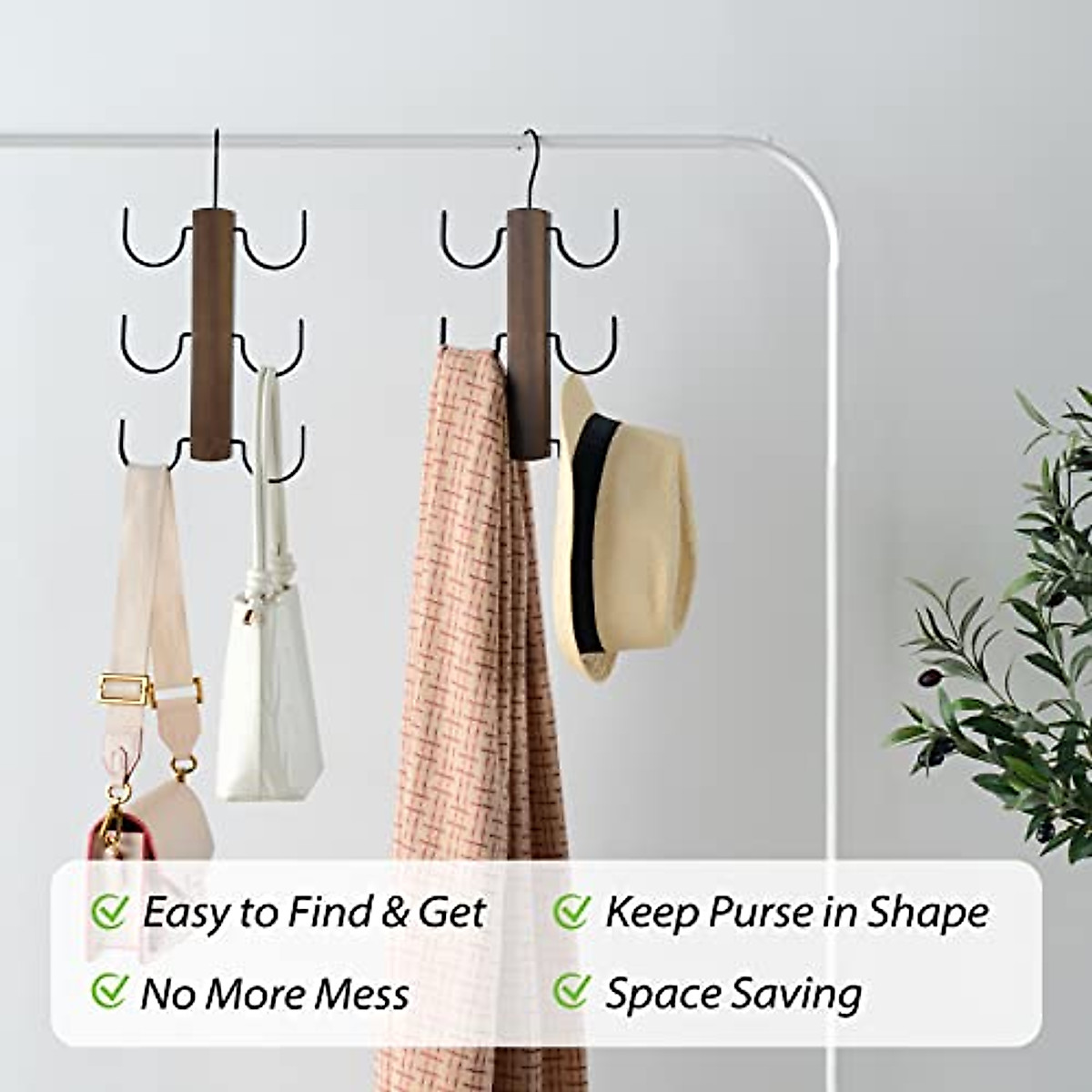 Mkono 3 Pack Pants Hangers Space Saving 5 Tier Skirt Hanger with Adjustable Clips and Purse Hanger Organizer for Closet, 2 Pack 360°Swivel Bag Holder