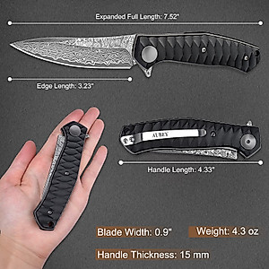 AUBEY Damascus Pocket Knife for Men with Clip EDC, 3.23" VG10 Core Damascus Steel Blade of Folding Knife with Black Aluminum Handle, Sharp Damascus Camping Knife