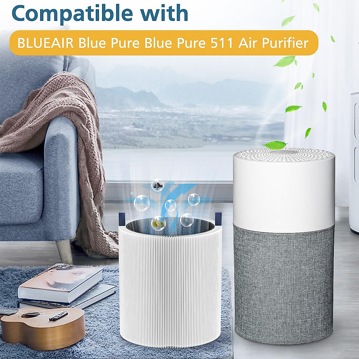 2 Pack 511 Replacement Filter, Compatible with Blue Air Blue Pure 511 Air Purifier, True H13 HEPA Filters, and Activated Carbon Filter