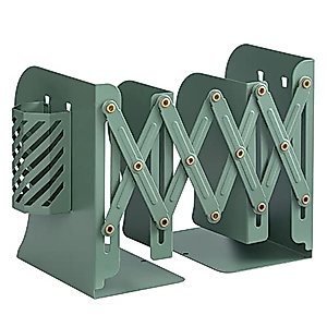 TIANSE Adjustable Bookends Book Holders for 3 Compartments Heavy Duty Metal Steel Book Organizer Stand Desktop Organizer Expandable Bookshelf with Pen Holder (Green 1 Pack)