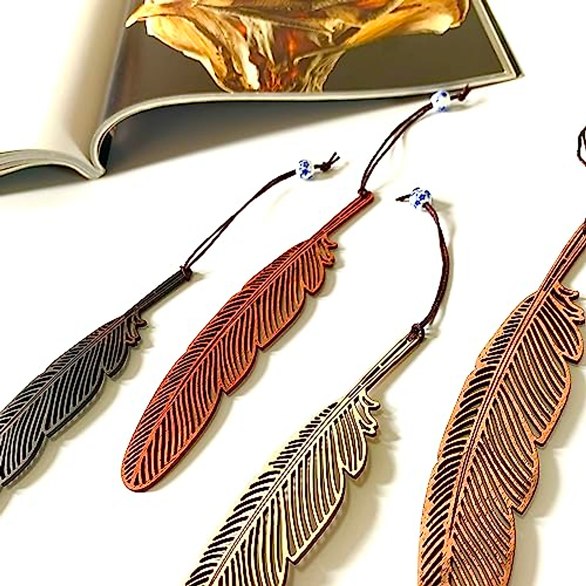Zllada Wood Feather Bookmarks - 4 Pieces Wooden Bookmarks for Women Men