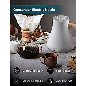INTASTING Electric Gooseneck Kettle 0.65mm Ultra-Fine Spout, Precise Water Flow Control, 304 Stainless Steel Inner, 0.9L, Auto Shut-Off, Boil Dry Protection, White