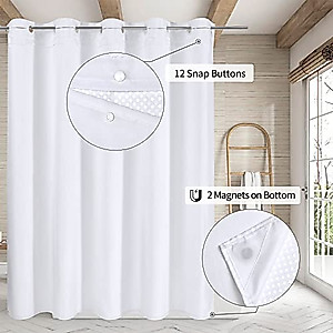 MitoVilla No Hooks Needed White Waffle Shower Curtain Set with Snap-in Liner, Modern Waffle Weave Fabric Shower Curtains for Luxury Hotel Grade Spa-Like Bathroom Decor, 72 x 74