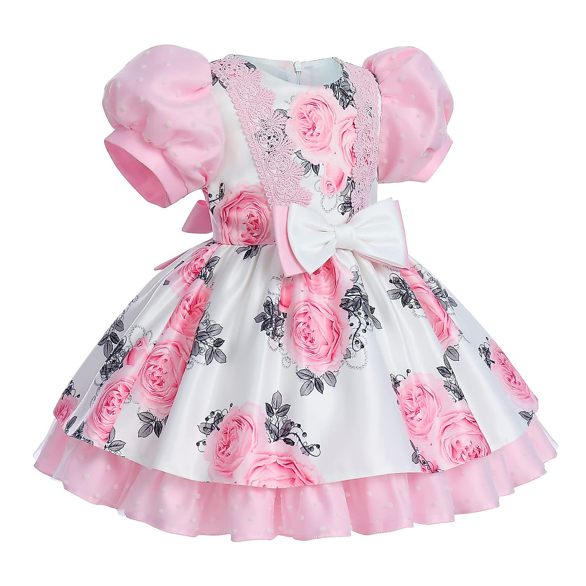 Baby Girl First Birthday Party Dress Headband Outfit Toddler Kids Flower Printed Short Sleeve Bowknot A-line Knee Length Lace Tutu Princess Dress for Pageant Wedding Bridesmaid Formal Pink 18-24M