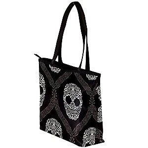 Women's Large Size Canvas Shoulder Bag Hobo Crossbody Handbag Casual Tote, Grey Skull Vintage