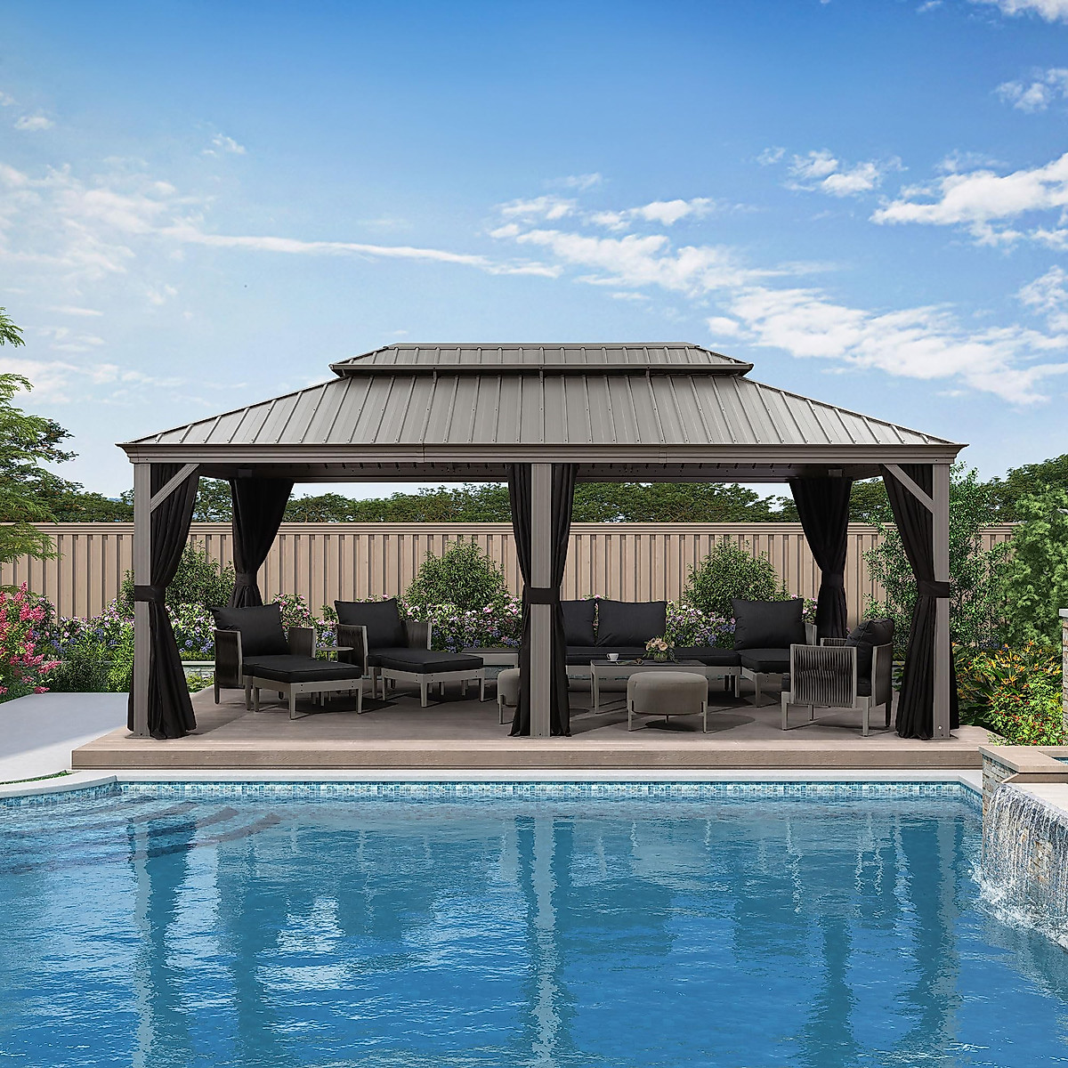 PURPLE LEAF 12' x 20' Permanent Hardtop Gazebo with Galvanized Steel Double Roof and Aluminum Frames Outdoor Large Pavilion Gazebo for Patio Deck Garden, Netting and Curtains Included, Light Grey