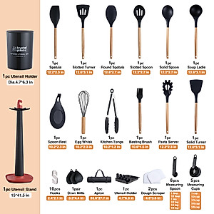 40 Pcs Cooking Utensils Set with Apron Silicone Turner Tong Spatula Spoon Kitchenware Organizer, BPA Free, Non-stick Heat Resistant Kitchen Gadgets Cookware with Natural Wooden Handle, Black