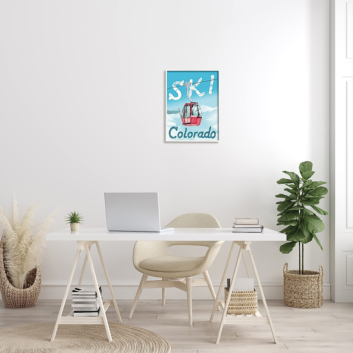 Stupell Industries Ski Colorado Winter Mountain Trolly Snowy Hill, Designed by Ziwei LI White Framed Wall Art, 16 x 20, Blue