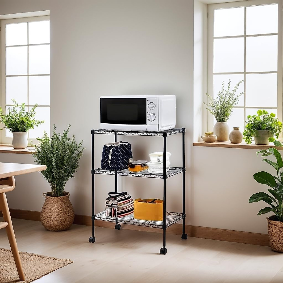 Imseigo 3-Layer Adjustable Metal Storage Shelf,Plastic Coated,1.5" Plastic Wheel Casters，Mobile Iron Organizer Wire Rack，23.6" L x 13.8" W x 33.5" H for Indoor Living Room,Kitchen,Corridor,Bedroom