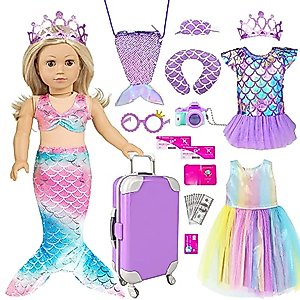 Mermaid 18 inch Doll Clothes and Doll Accessories Case Luggage Travel Play Set Include Suitcase, Dresses, Bag, Camera, Glasses, Pillow, Eyeshade Etc (No Doll)