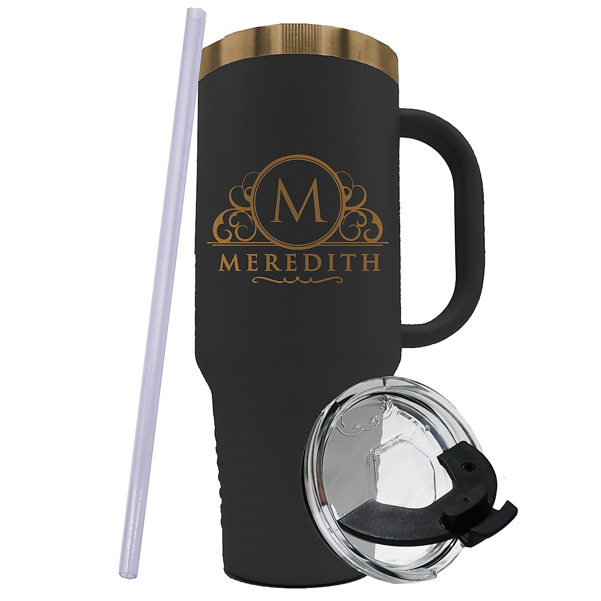Custom Monogrammed 40 oz Tumbler with Handle, Lid and Straw - Personalized Insulated Stainless Steel Large Cup (Black with Gold)