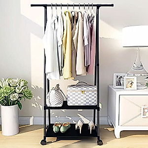 Jecpuo Clothes Rack Small Metal Garment Rack with Shelves for bedroom Rolling clothing rack for Hanging Clothes on Wheels for Hanging Clothes,clothes rack (Black)