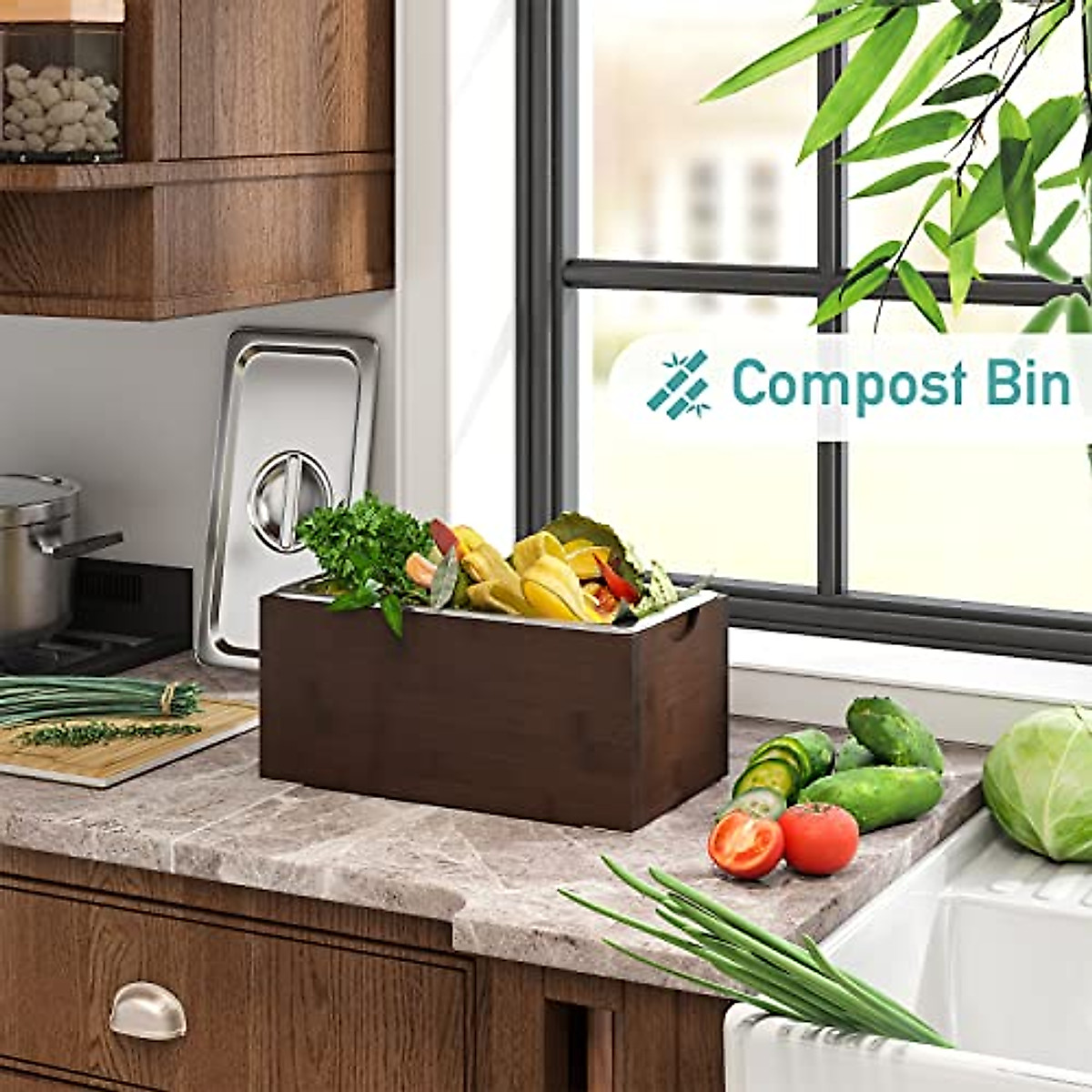 Compost Bin Kitchen, 1.6 Gal-Kitchen Compost Bin Countertop, Rust Proof Stainless Steel Insert, Countertop Compost Bin with Lid, and Bamboo Wood Box- Large Compost Bin Kitchen
