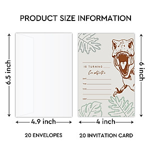 YUEXLL Dinosaur Birthday Party Invitations Cards with Envelopes, T-Rex Party Invitations, Birthday Celebration Supplies, Double-sided Fill-in bday Invites for Boys Girls - C03