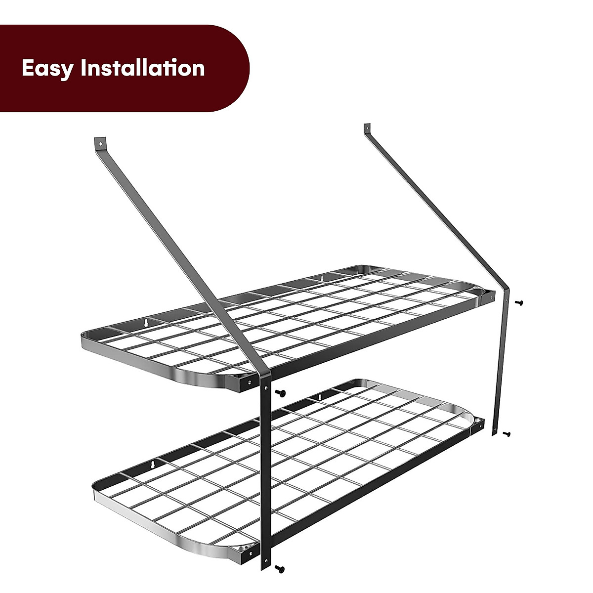 Vdomus Hanging Pot and Pan Rack - Wall Mounted Hanging Pot Rack for Kitchen Storage and Organization - Silver 2-Tier Wall Shelf for Pots and Pans Storage