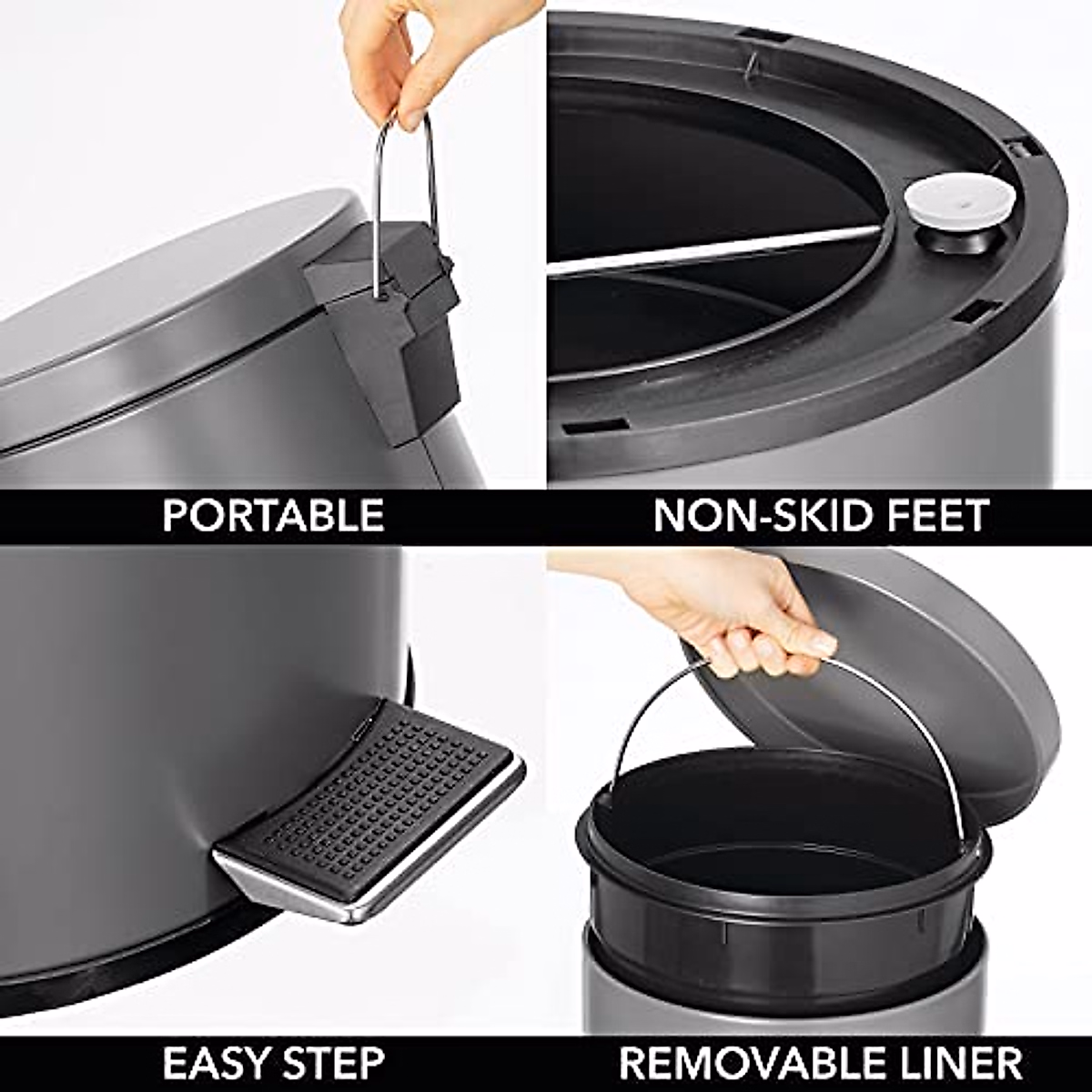 mDesign Tall 30 Liter / 7 Gallon Large Round Metal Lidded Step Trash Can, Thin Compact Garbage Bin with Removable Liner Bucket for Bathroom, Kitchen, Craft Room, Office, Garage - Graphite Gray