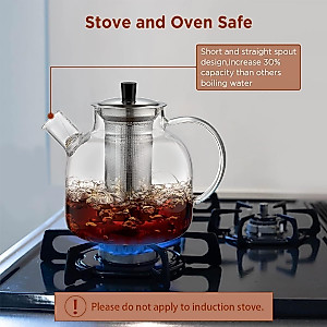 1500ml(52oz) Glass Teapot with Removable Infuser, Ehugos Stovetop Safe Large Tea Pot, Blooming and Loose Leaf Hand Crafted Kettle for Women and Adult with Stainless Infuser