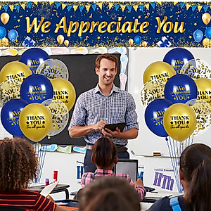We Appreciate You Decorations Blue Gold Appreciate You Banner Yard Sign with 18 Pcs Balloons Thank You for All You Do Banner Employee Staff Appreciation Gifts Teacher Doctor Appreciation Party Decor