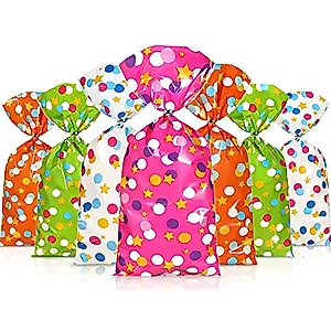 100 Pcs Cellophane Treat Bags, Polka Dots Goodie Bags Star Party Favor Bags Treat Candy Bags with 100 Twist Ties Rainbow Stars Theme for Birthday Baby Shower Pride Day School Supplies (Dot Style)