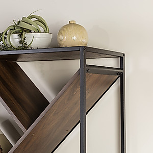 Walker Edison Modern V-Shaped Open Shelf Metal Wood Bookcase Tall Bookshelf Storage Home Office, 68 Inch, Dark Walnut